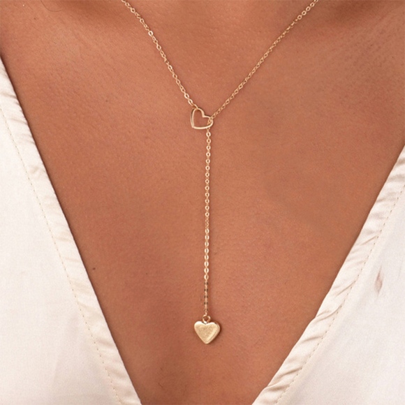 Jewelry | Gold Double Heart Lariat Drop Necklace | Poshmark